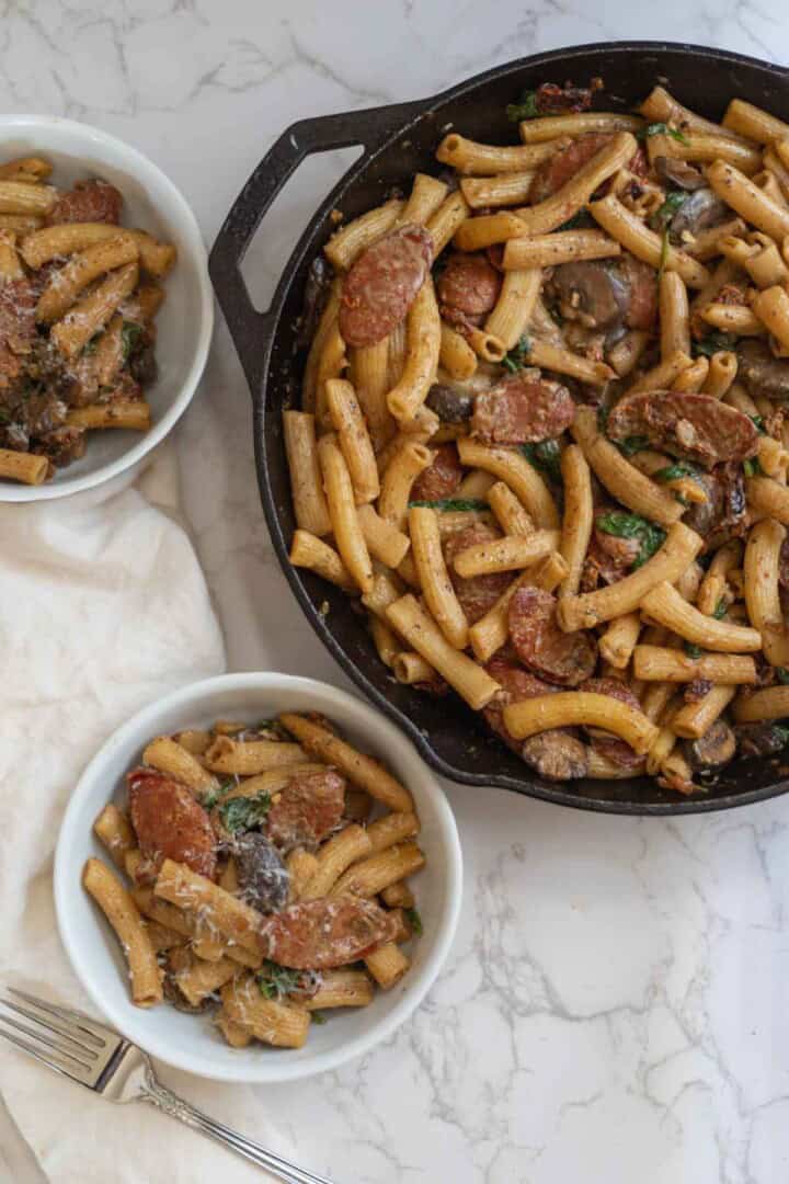 Creamy Rigatoni Pasta with Linguica Sausage